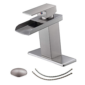 BWE Waterfall Bathroom Faucet Brushed Nickel with Pop Up Drain Stopper Assembly and Supply Line Single Handle for Sink One Hole Faucets Vanity Lavatory Mixer Tap