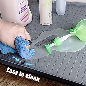 Under Sink Mat 34" x 22" Waterproof Kitchen Cabinet Tray Shelf Liners Flexible Silicone Under Sink Liner with Drain Hole Bathroom Kitchen Cabinet Mat Grey