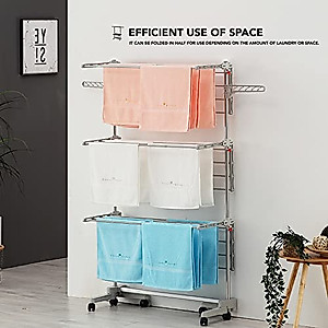 Hulife 3-Tier Foldable Clothes Drying Rack, Stainless Steel, 6 Foldable Trays, 2 Extra Side Wings, Easy Storage (Made in Korea)