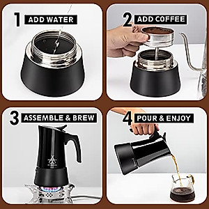 Alocs Stovetop Espresso Maker, Italian Coffee Maker Moka Pot for Classic Mocha & Cuban Coffee, Stainless Steel Greca Coffee Maker, Cafeteras, Brews 9 Espresso Cups (15.2 Oz) in Stylish Black