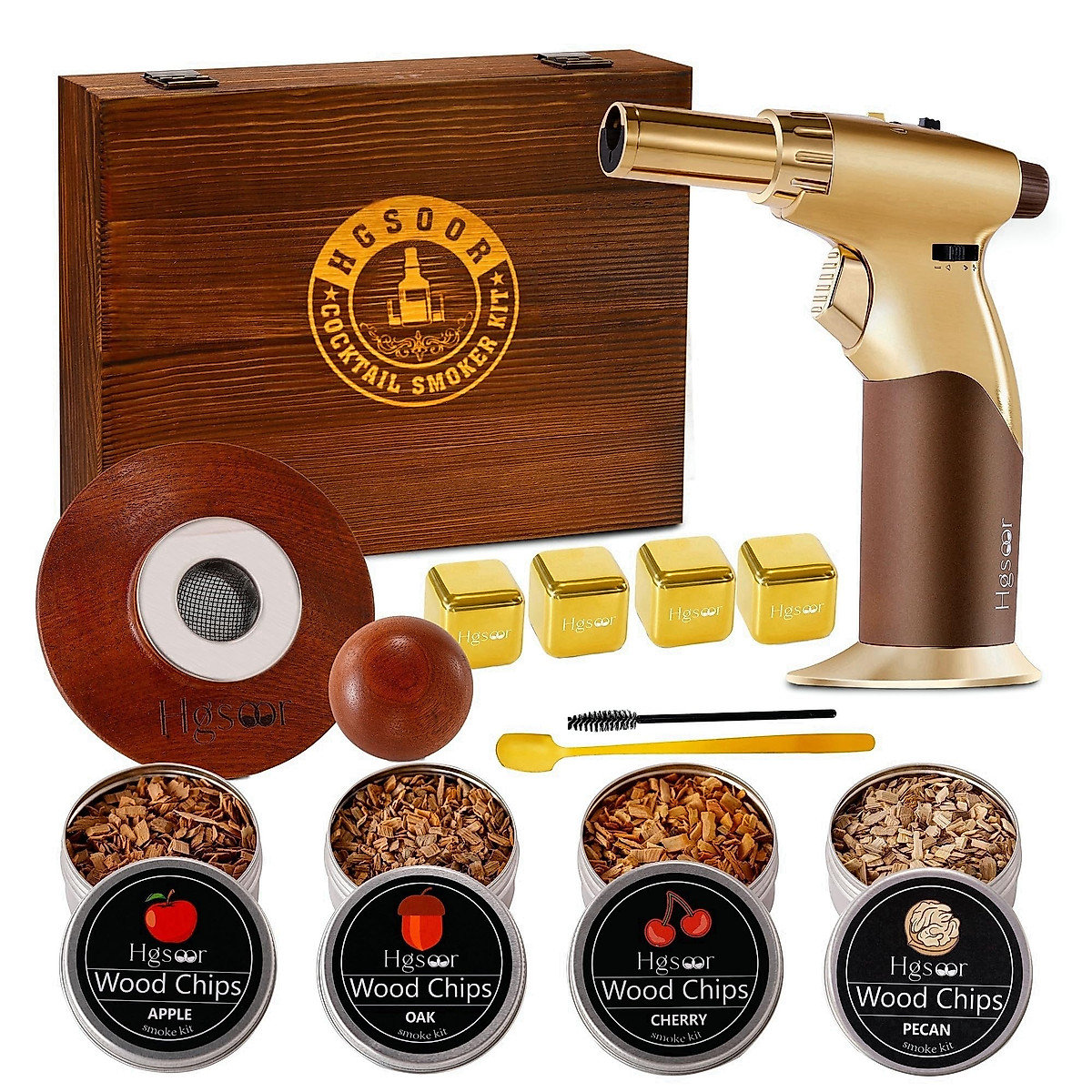 Hgsoor Whiskey Smoker Kit - Old Fashioned Drink Smoker Kit - Cocktail Smoker Kit with Torch, 4 Flavors Wood Chips, 4Ice Cubes, Bourbon Smoker Kit, Bourbon Whiskey Gifts for Men,Dad (No Butane)