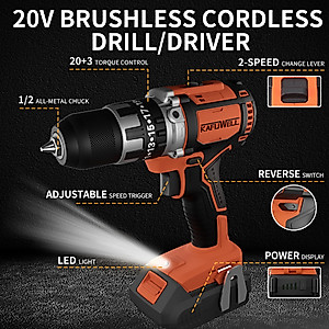 KAFUWELL Cordless Drill Set, 3-in-1 20V Power Drill with Battery and Charger, 1/2” Metal Chuck, 710 In-lbs Torque, 2 Variable Speeds, 20+3 Hammer Drill Driver