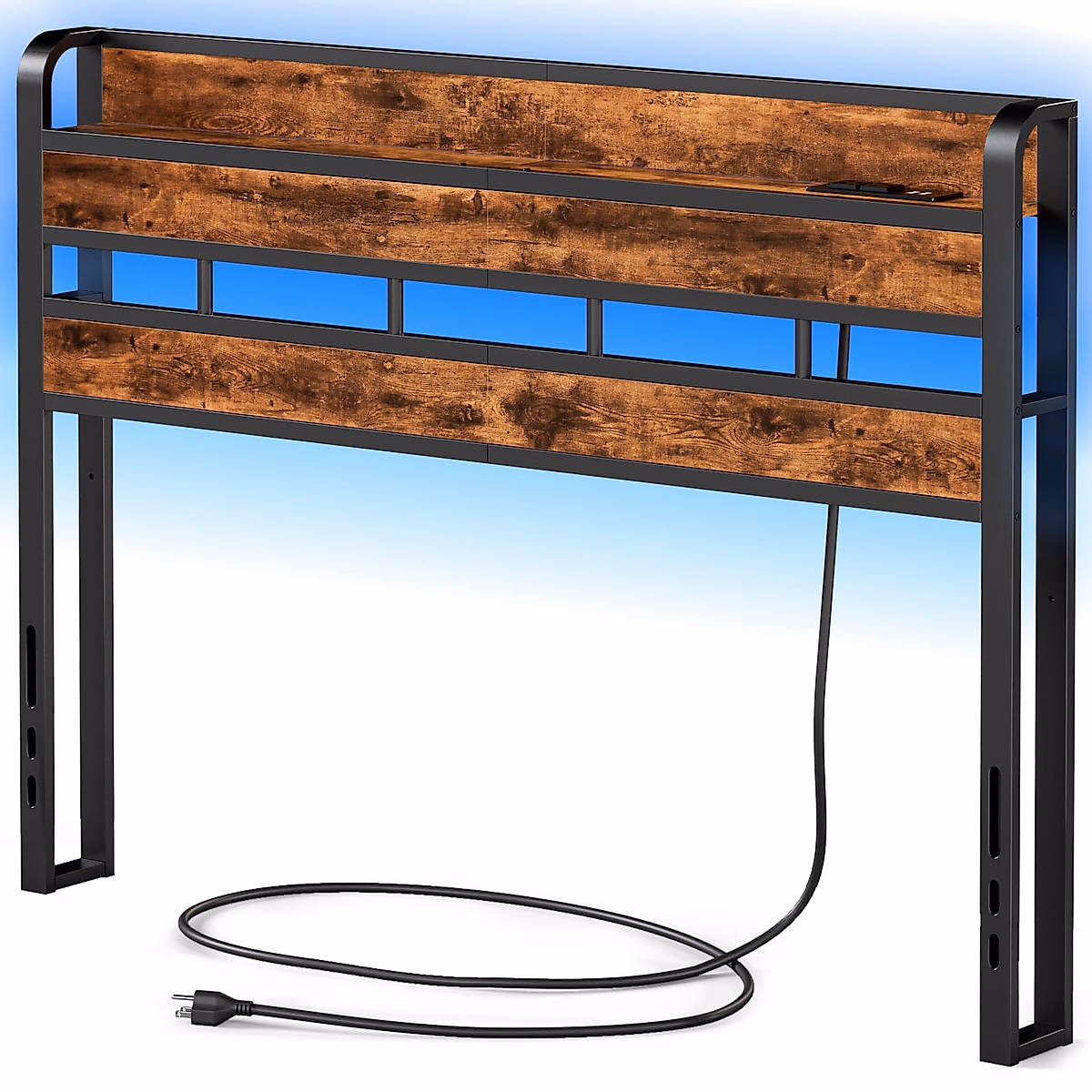 Furnulem Queen Headboard with Storage Shelf,Headboards with RGB LED Light,USB Port and Charging Station,Sturdy Metal Frame & Wood Shelf, Adjustable Height