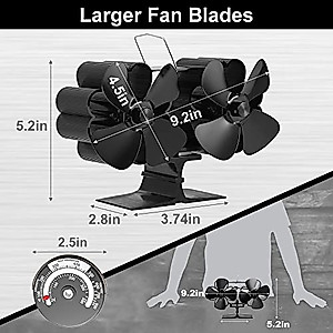PETCHOR 8 Blades Wood Stove Fan, Heat Powered Fan, Stove Top Fan for Wood Stove, Magnetic Fireplace Fans Non Electric with Thermometer for Wood/Log Burner/Fireplace