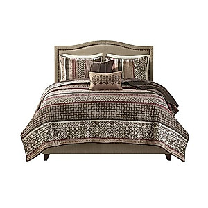 Madison Park Quilt Set Luxurious Jacquard Stripes Design - All Season, Coverlet Bedspread Lightweight Bedding Layer, Shams, Decorative Pillow, Full/Queen(90"x90"), Floral Red 5 Piece