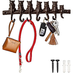 7 Cats Cast Iron Wall Mounted Hanger Rack - Decorative Cast Iron Wall Hook Rack - Vintage Design Hanger with 7 Hooks - Wall Mounted | 12.4 x 3.9” - with Screws and Anchors | Rustic Brown Color