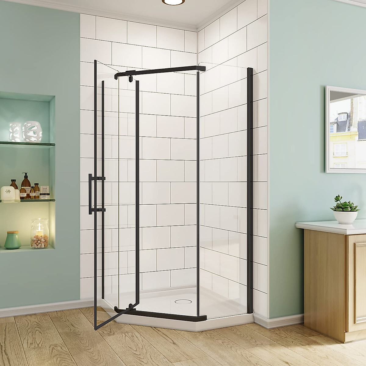 SUNNY Shower Door 36.7 in. x 71.8 in. Frameless Neo-Angle Pivot Shower Doors in Black Finish, 1/4 in. Clear Glass Corner Shower Enclosure