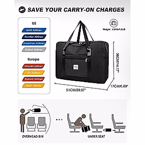 For Spirit Airlines Personal Item Bag 18x14x8 Travel Duffel Bags Tote Carry on Luggage Underseat Luggage Large Foldable Weekender Overnight Bag for Women Men with Trolley Sleeve Black