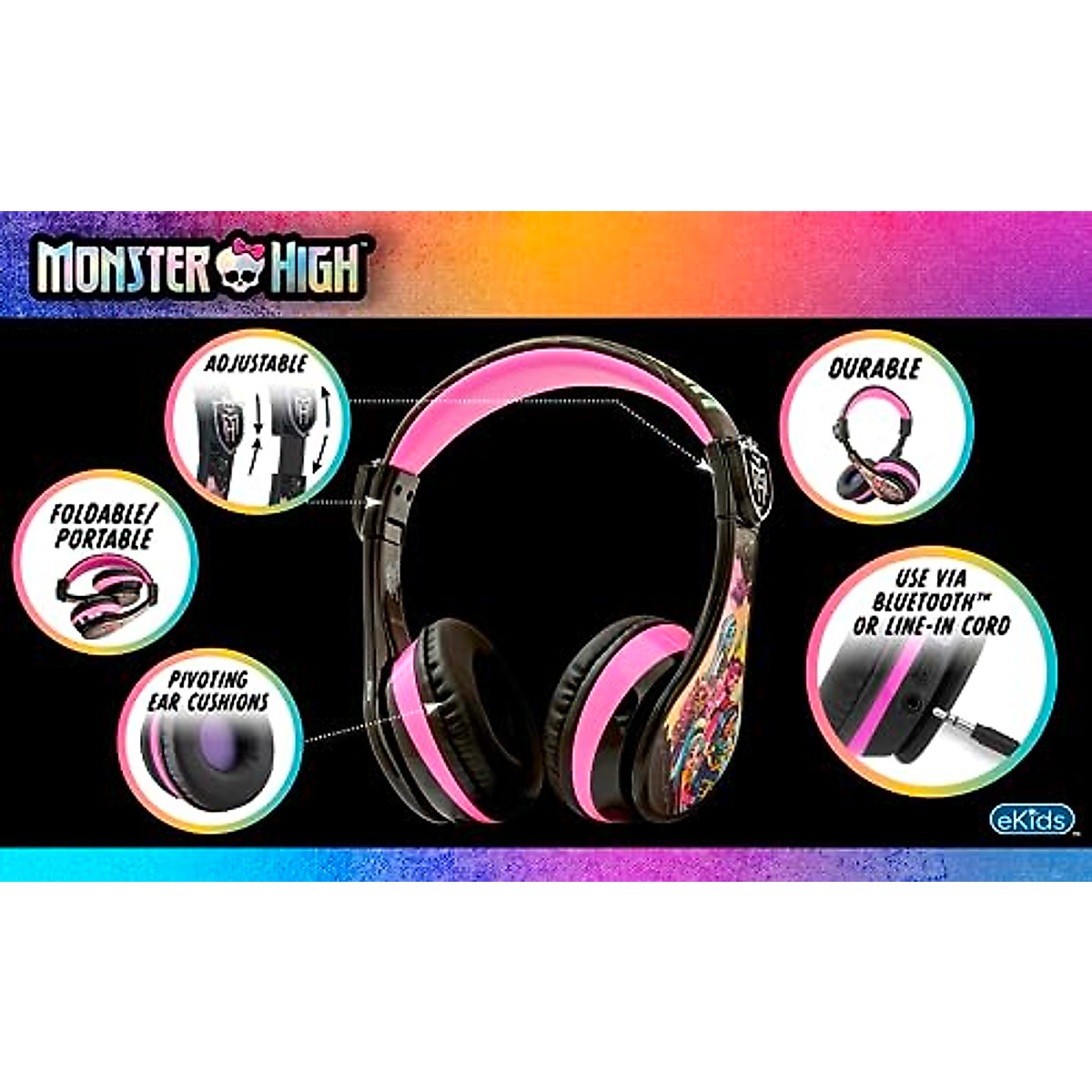 eKids Monster High Bluetooth Headphones for Kids, Wireless Headphones with Microphone Includes Aux Cord, Volume Reduced Kids Foldable Headphones for School, Home, or Travel