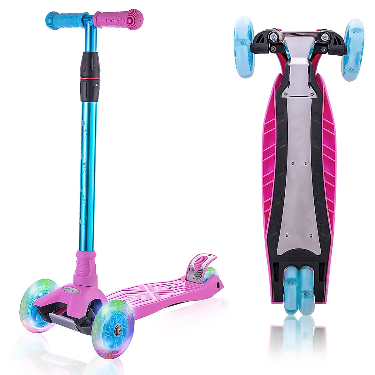 WV WONDER VIEW 3 Wheel Scooter for Kids, Kids Scooter with Light Up Wheels, Sturdy Deck Design, and 4 Height Adjustable Suitable for Kids Ages 3-12, Pink