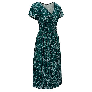 OUGES Women's 2025 Summer Short Sleeve V-Neck Floral Short Party Dress with Pockets(Green Polka Dot,S)