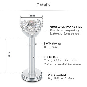 SCERRING 6PRS(12pcs) 16G 4mm Mix Color CZ Internally Threaded Labret Monroe Lip Ring Tragus Nail Helix Earring Stud Piercing Jewelry Bar Length 8mm