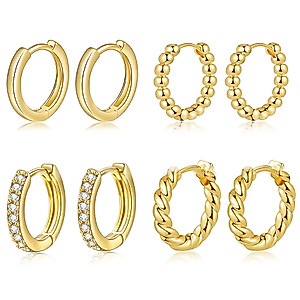 BMMYE Small Gold Huggie Hoop Earrings for Women 4 Pairs Cartilage Mini Gold Hoops Tiny Gold Earrings Set for Multiple Piercing Hypoallergenic 10mm