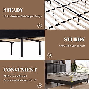 YUMPIE Queen Size Solid Wood Bed Frame with 48" High Headboard, Mid-Century Modern Wooden Platform Bed Frame, Metal & Wooden Slats Support, No Box Spring Needed/Noise Free, Black
