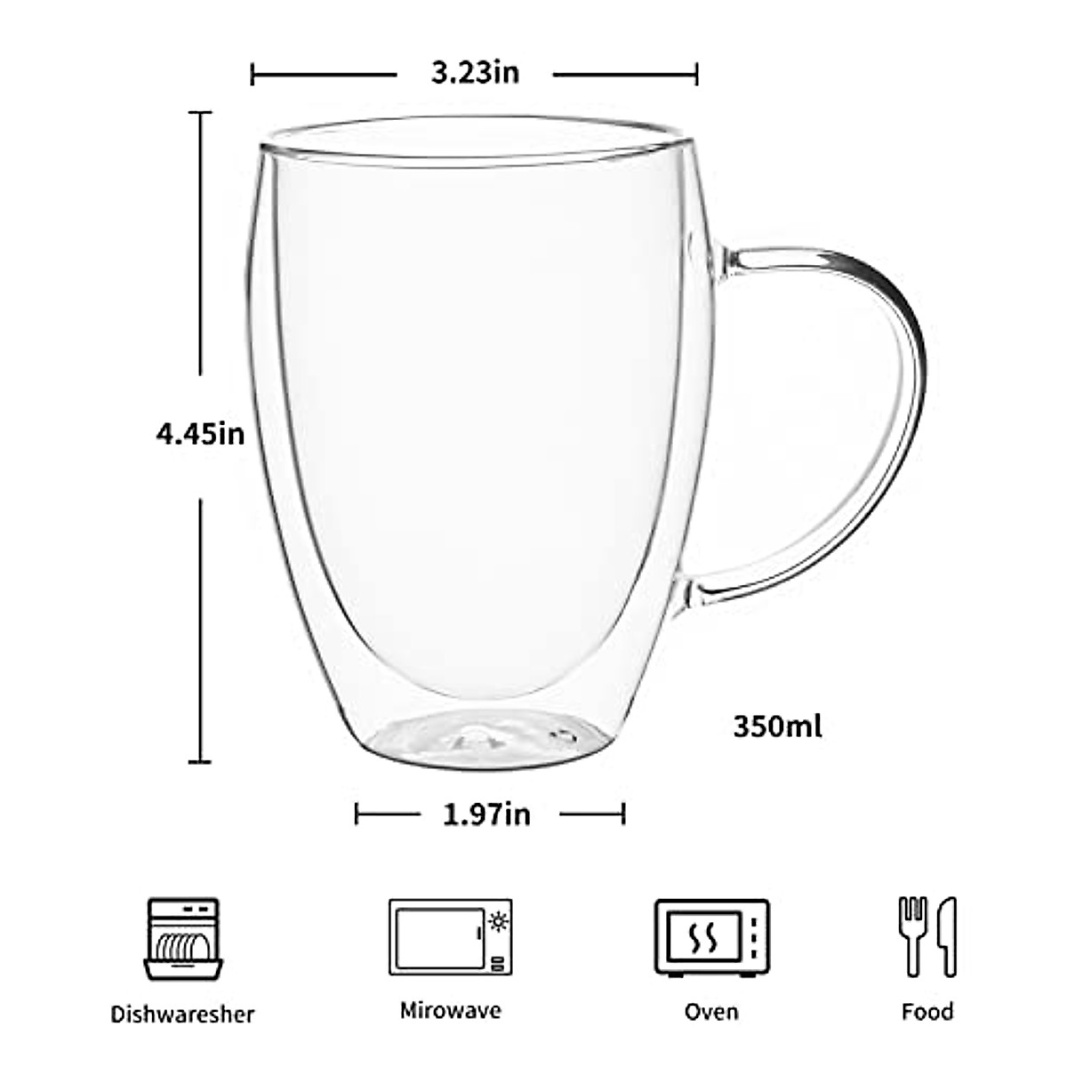 Douria Double Walled Glass Coffee Mugs, Clear Espresso Cups, Coffee tea Mugs Set, Iced Coffee Cup, Glass Mugs for Hot Beverages, Premium Glasses Set, Each 350ml (12Ounces./Set of 2)