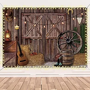 Oudain 7 x 5 ft Western Cowboy Backdrop Large Western Party Background Polyester Wild West House Barn Photo Banner for Kids Boy Western Cowboy Theme Birthday Party Photo Prop Booth Supplies Decor