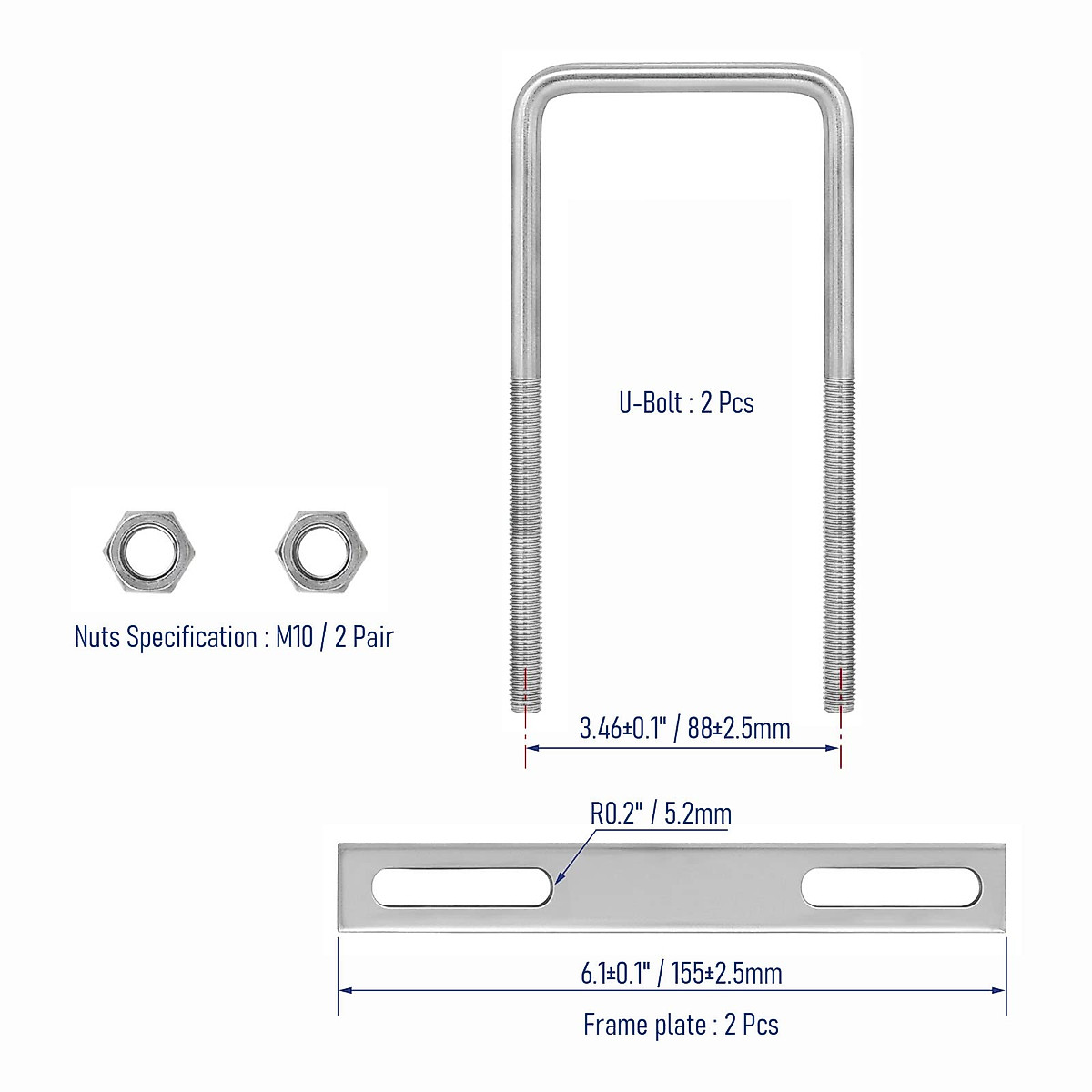 FOCMKEAS 2 Sets 304 Stainless Steel Square U-Bolts 3.15"(80mm) Inner Width, 5.91"(150mm) Length Stainless M10 with Nuts, Frame Plate, Accessories for Automobiles Trailer, Boat Trailer Industrial Parts