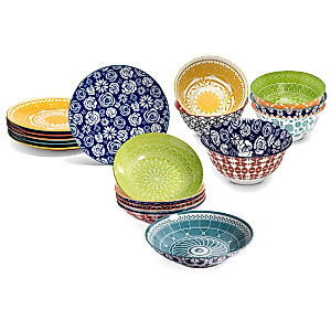 Annovero Cereal Bowls, Salad Plates, Pasta Bowls. Cute and Colorful Porcelain Dishes for Kitchen, Microwave and Oven Safe. Bundle