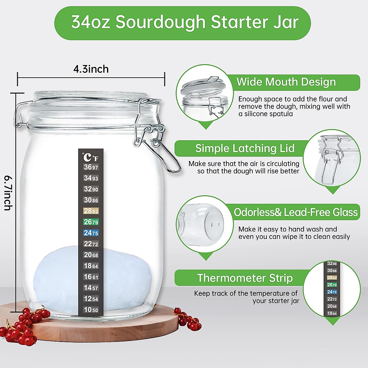 Sourdough Starter Jar Kit 2 Pack, 34 oz. Wide Mouth Sourdough Starter Kit for Sourdough Bread Baking Supplies, Reusable Glass Jars for Sour dough Starter with Thermometer, Silicone Jar Spatula, Labels