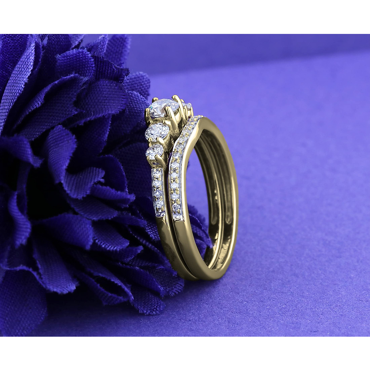 Dazzlingrock Collection Round White Diamond Five Stone Bridal Engagement Ring Matching Band Set for Her (0.45 ctw, Color I-J, Clarity I1-I2) in 14K Yellow Gold Size 7.5