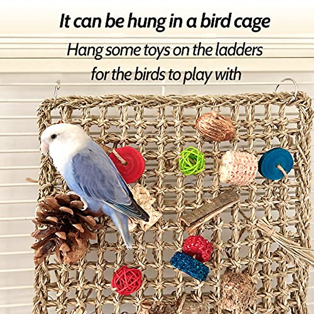 Miayaya 29.13 x 7.48 inch Bird Seagrass Mat Natural Grass Woven Net Hammock Hanging on Parrot Cage with 4 Hooks Parakeet Climbing Rope Ladder Chew Toys for Lovebird Parrot Cockatiel Cockatoo Supplies