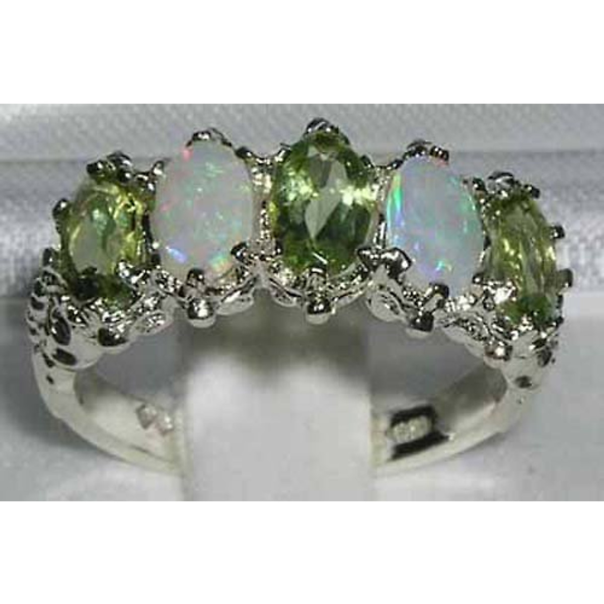 LetsBuyGold 925 Sterling Silver Real Genuine Peridot and Opal Womens Anniversary Ring - Size 8