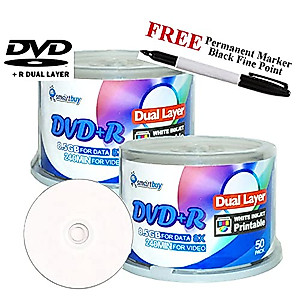 Smartbuy 100-disc 8.5GB/240min 8X DVD+R DL White Inkjet Hub Printable Blank Media Disc + Black Permanent Marker