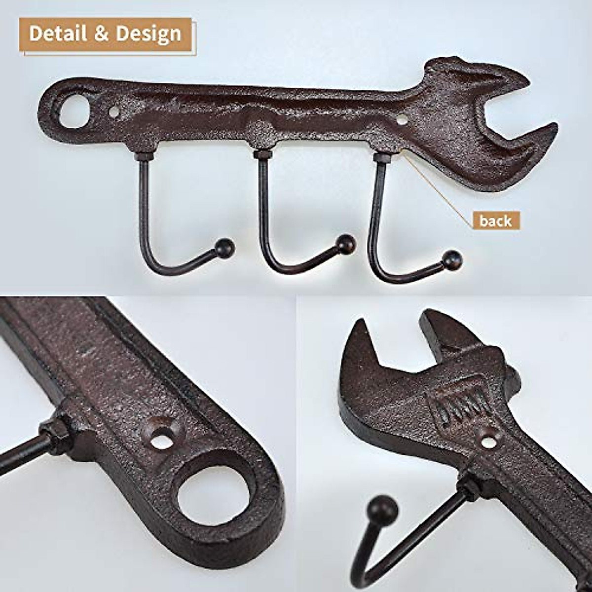TELENT Retro Hooks Cast Iron Wrench Spanner Shape Hooks Key Rack Holder, Decorative Bedroom Bathroom Kitchen Laundry Room Tool Holder Coat Hat Hooks Rack Hanger (Cast Iron Wrench Hook-Ancient Copper)