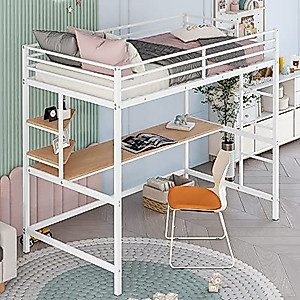 Merax Modern Metal Bunk Bed wit Long Desk and Shelves Loft Bed Frame with Full-Length Gardrail Space-Saving Twin, White