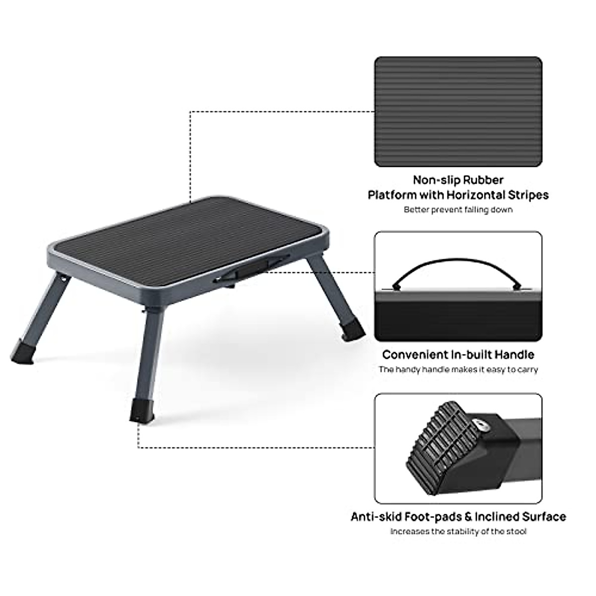 Ollieroo Metal Folding Step Stool, Wide One Step Stool with Non Slip Rubber Platform, 7 inch One Step Ladder, Max Load 330 lbs for Adults Kids, Portable Foot Stool for Kitchen Bedroom（Grey）