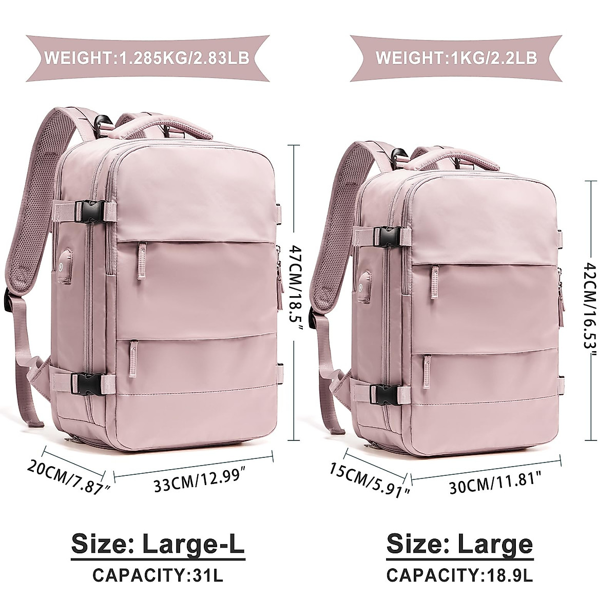coowoz Large Travel Backpack For Women Men,Carry On Backpack Flight Approved,Hiking Backpack Waterproof Outdoor Rucksack Casual Daypack Fit 15.6 Inch Laptop Shoes Compartment (Pink Purple-L)