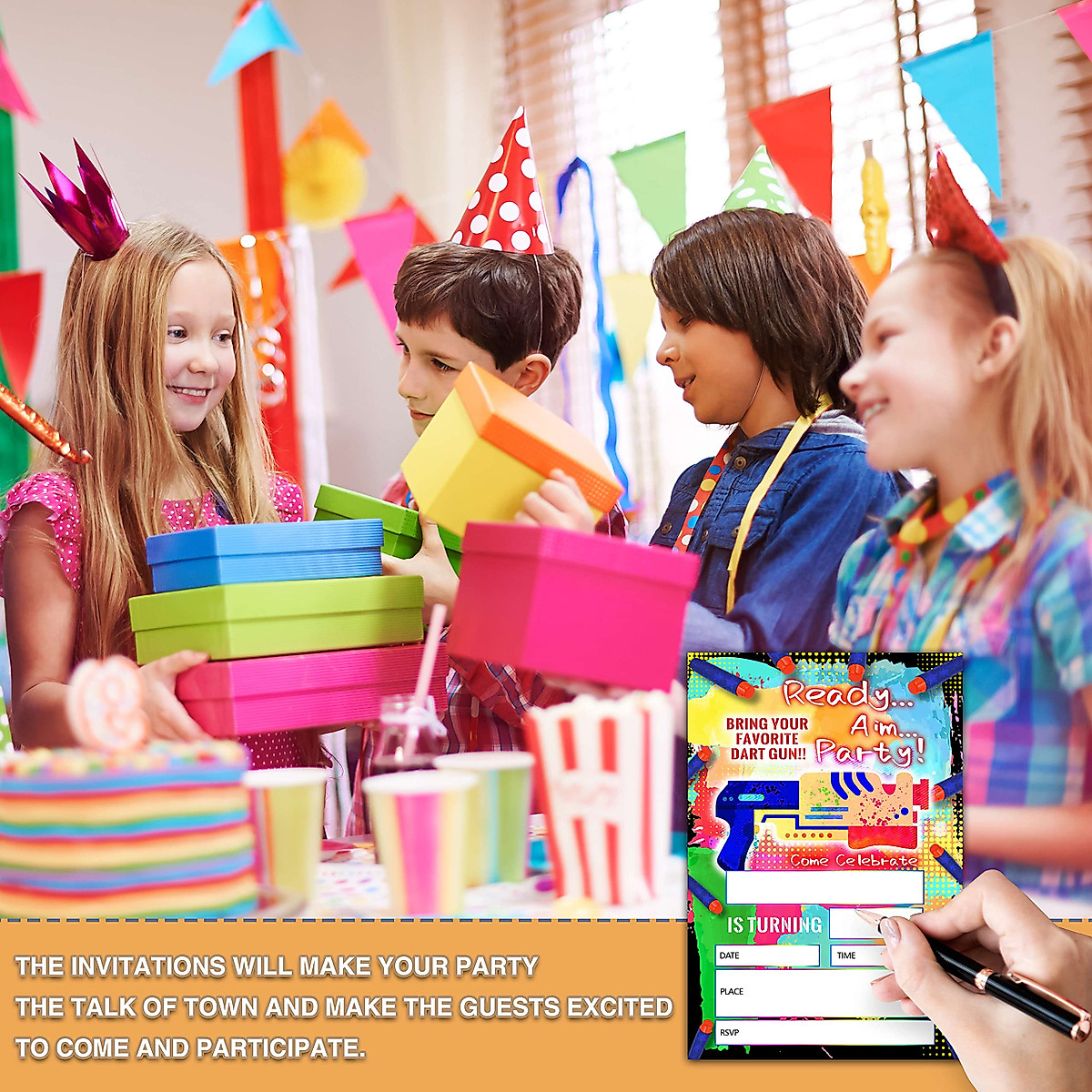 Chuxvon Dart Guns Birthday Party Invitations, Darts Birthday Invitation, Double-Sided Fill In Invites, Kids Dart Gun Birthday Party Decorations, 20 Cards With 20 Envelopes(C15)