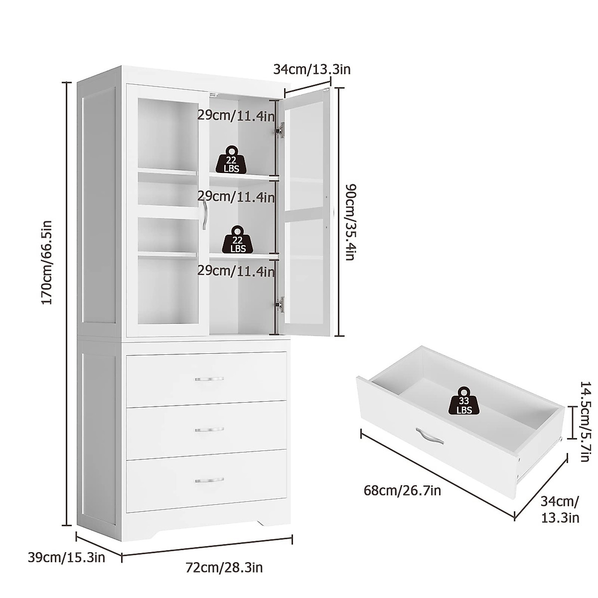 FOTOSOK White Kitchen Pantry Cabinet, 67’’ Tall Storage Cabinet with 2 Tempered Glass Doors, Modern Kitchen Cupboard, Bathroom Storage with 3 Shelves and 3 Drawers for Home Office