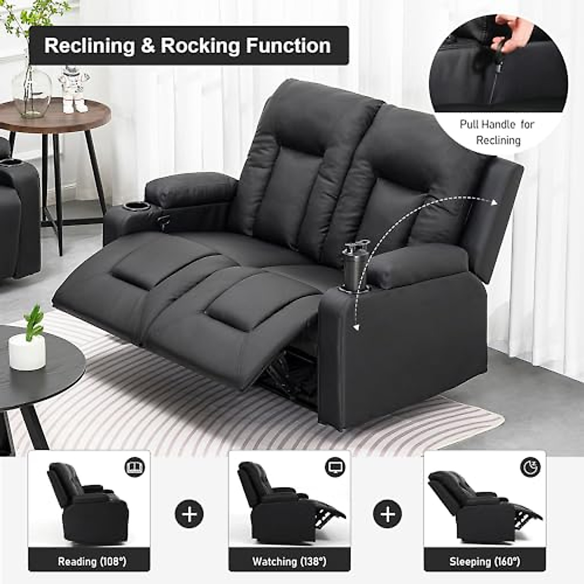 COMHOMA Leather Recliner Modern Loveseat Sofa, 2 Leather Recliner Chair,Modern Small Sofa Couch,2 Seater PU Loveseat,Modern Couches for Living Room with Drink Holders Living Room Chair Loveseat Sofa