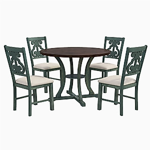 5 Piece Round Dining Table and Upholstered Chair Set with Special-Shaped Legs and Hollow Chair Back for Dining Room, Wood Kitchen Dining Set for 4 Persons (Antique Blue & Dark Brown)