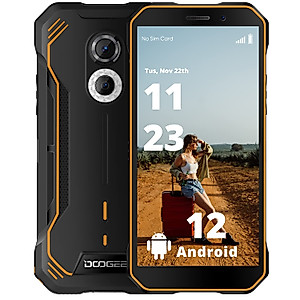 DOOGEE S51 Rugged Smartphone Unlocked Android 12, Helio G25 4GB+64GB 5180mAh Battery, Dual SIM 4G, 6.0" IPS HD, IP68 Waterproof IP69K Rugged Phone, NFC, AI Double Camera (12MP+2MP) 8MP Front Orange