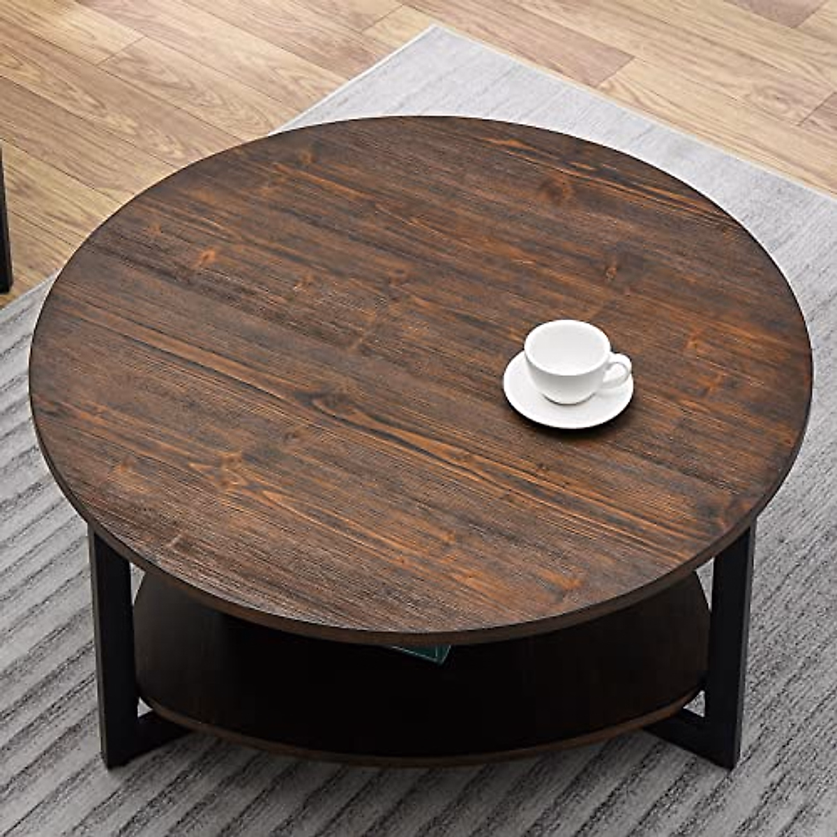 MODERION Round Coffee Table for Living Room, 35.3" Large Farmhouse Cocktail Table with Storage Shelf, Circular Wood Center Tea Table with Metal Leg, Sofa Table, Easy Assembly, Brushed Brown KFZ2338NC