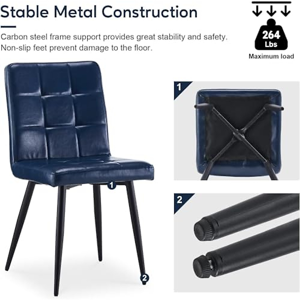 CLIPOP Kitchen Faux Leather Dining Chairs Set of 4, Mid-Century Modern Dining Chair with with Square Grid Design Backrest Heavy Duty Metal Legs, Armless Kitchen Accent Chair for Living Room, Blue