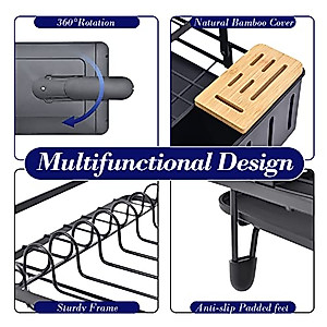 TOOLF 2 Tier Dish Drying Rack, Dish Rack for Kitchen Counter, Free Assembly Foldable Drainboard and Drainer with Wooden Utensil Holder for Kitchen Sink, Black
