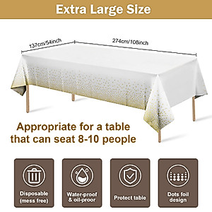 12 Pack White and Gold Dot Plastic Tablecloth, Gold Stamping Dot Confetti Rectangle Plastic Disposable Tablecloth for Birthday Wedding Baby Shower Engagement Anniversary Party Decorations, 54x108 Inch