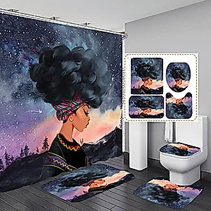 African American Shower Curtains for Bathroom, Black Girl Bathroom Sets with Shower Curtain and Rugs and Accessories, 4PCS Bathroom Decor Sets (Purple)