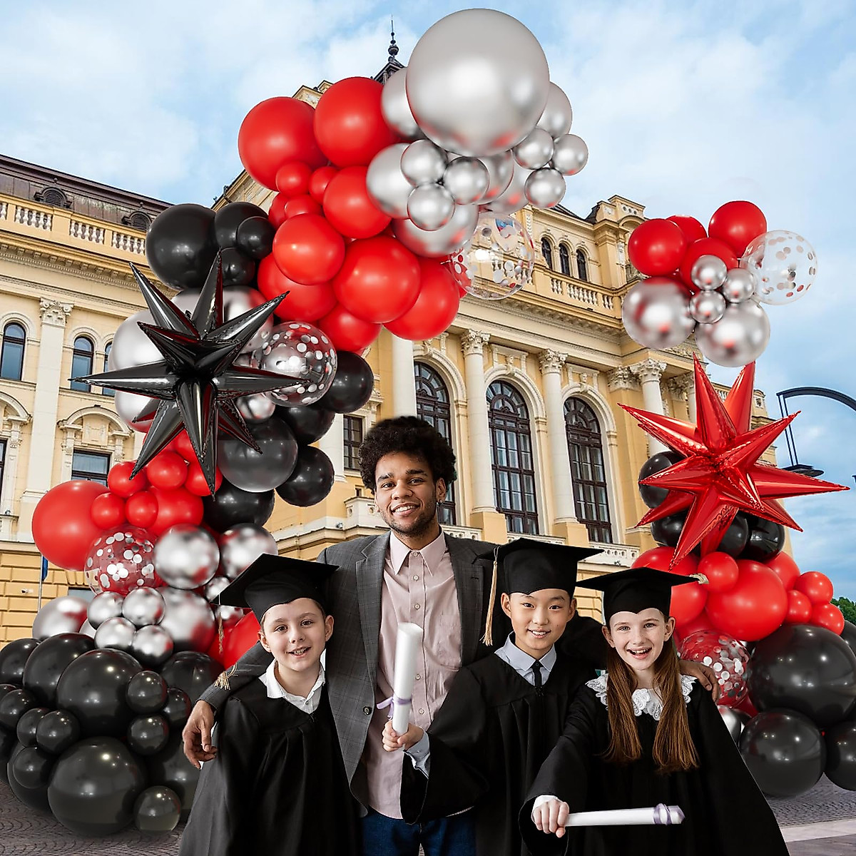Red and Black Balloon Garland Arch Kit, 146pcs Red Black and Metallic Silver Balloons with Red and Black Exploding Star Foil Balloons for Graduation Birthday Party Decorations