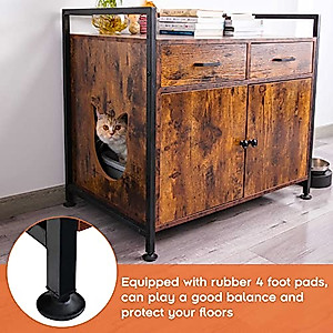 TC-HOMENY Cat Litter Box Enclosure Cabinet Storage Wooden Hidden Cat Washroom Furniture with 2 Doors, Drawers