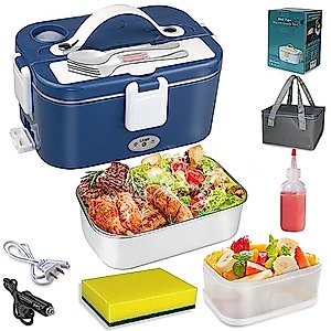 AosFero 80W1.8L Portable Heated Electric Lunch Box,3 in1 food warmer lunch box（12/24/110-230V） suitable for Car/Truck/Home.Free 120ml salad bottle and dishwashing cotton, with fork、spoon、carrying bag