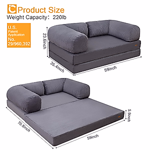 COMAX Futon Sofa Bed, 4-in-1 Floor Foldable Sofa Couch Bed Queen with L-Shaped Armrests, Convertible Folding Chair Bed Sleeper Mattress Fold Out Comfy Lounge for Living Room Bedroom, Dark Grey