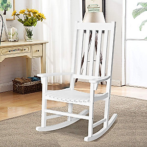 Tangkula Acacia Wood Porch Rocking Chair Set, Wooden Rocking Chair Rocker with High Back & Armrest for Indoor Outdoor Use, Patio Rocker for Garden Lawn Balcony Backyard Poolside (2, White)