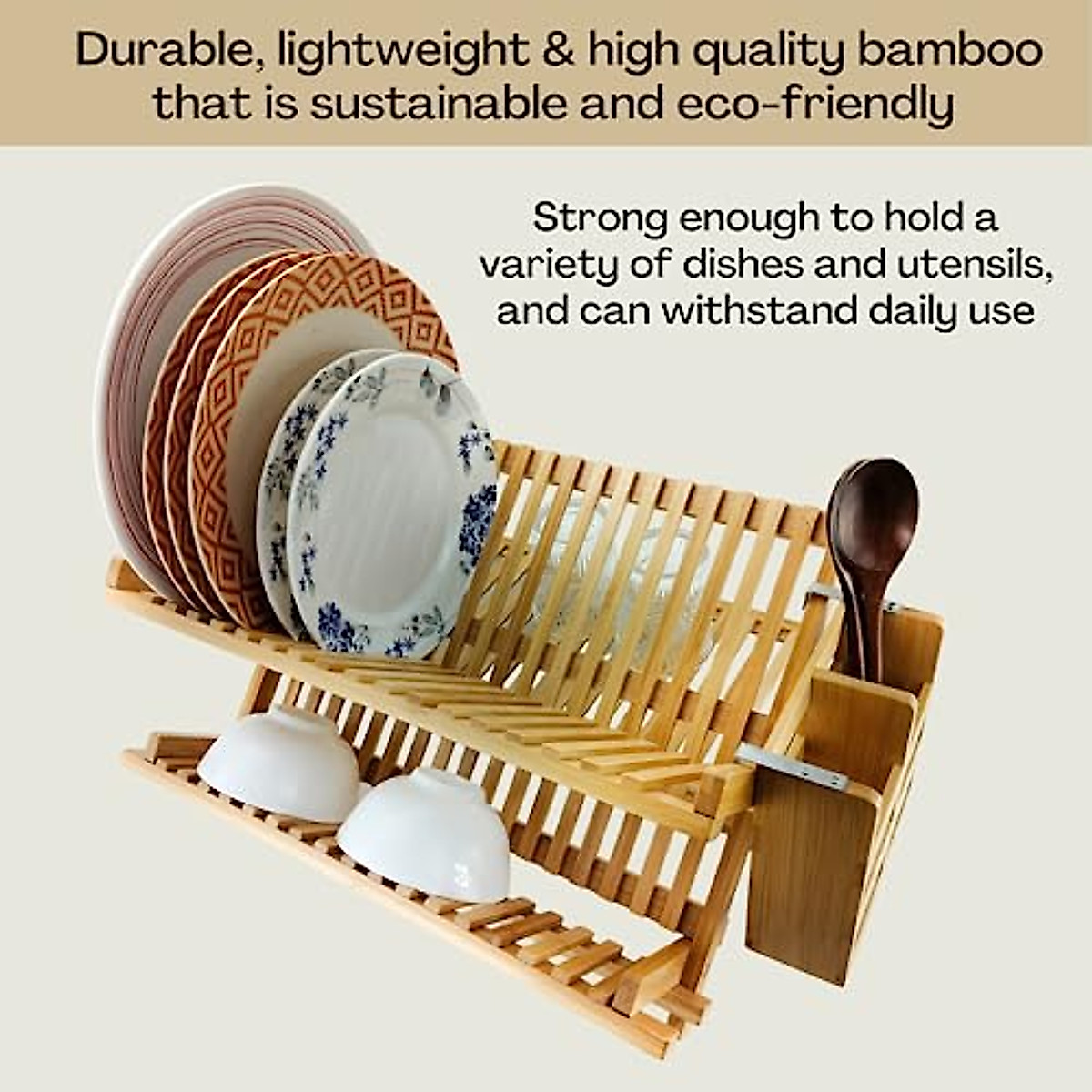Collapsible Bamboo Dish Drying Rack with Utensil Holder - Convenient Kitchen Storage Solution for Dish Drainer and Messy Countertops
