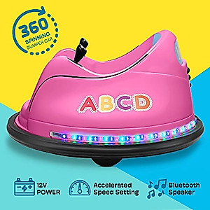 Kidzone 12V 2-Speeds Electric Ride On Bumper Car for Kids & Toddlers 1.5-5 Years Old, DIY Sticker Baby Bumping Toy Gifts W/Remote Control, LED Lights, Bluetooth & 360 Degree Spin, ASTM Certified