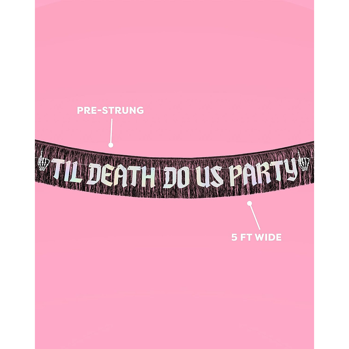 xo, Fetti Til Death Do Us Party Fringe Banner - Black and Iridescent, 5 Ft. | Bachelorette Party Decoration, Gothic Bach, Bridesmaid Favor, Rock Bride to Be Gift, Bridal Shower Supplies, Photobooth Backdrop