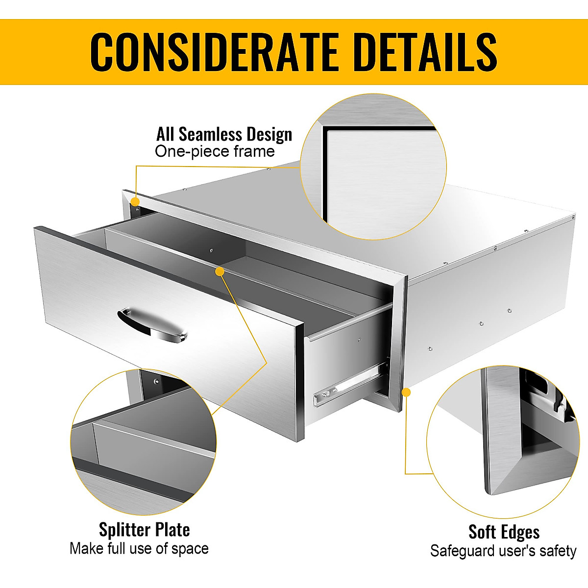 RAILEN Outdoor Kitchen Single Drawers 30" W x 10" H x 23" D Built-in BBQ Drawer Stainless Steel Access Drawers for Outdoor Kitchen Island or Grill Station